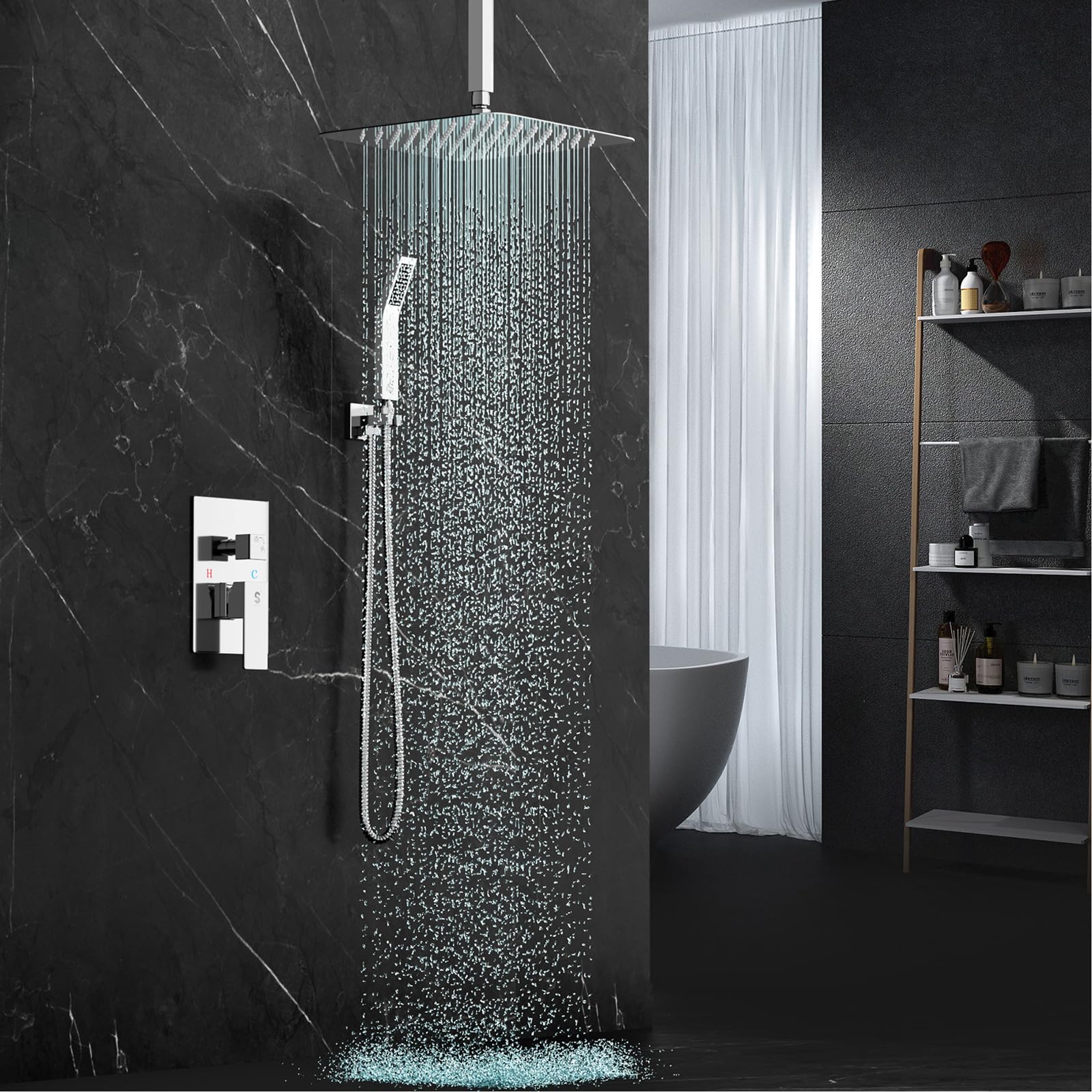 SR SUN RISE SRSH-C1003 Ceiling Mount Bathroom Luxury Rain Mixer Shower Combo Set Rainfall Shower Head System 10 Inch Polished Chrome (Contain Shower Faucet Rough-In Valve Body and Trim）