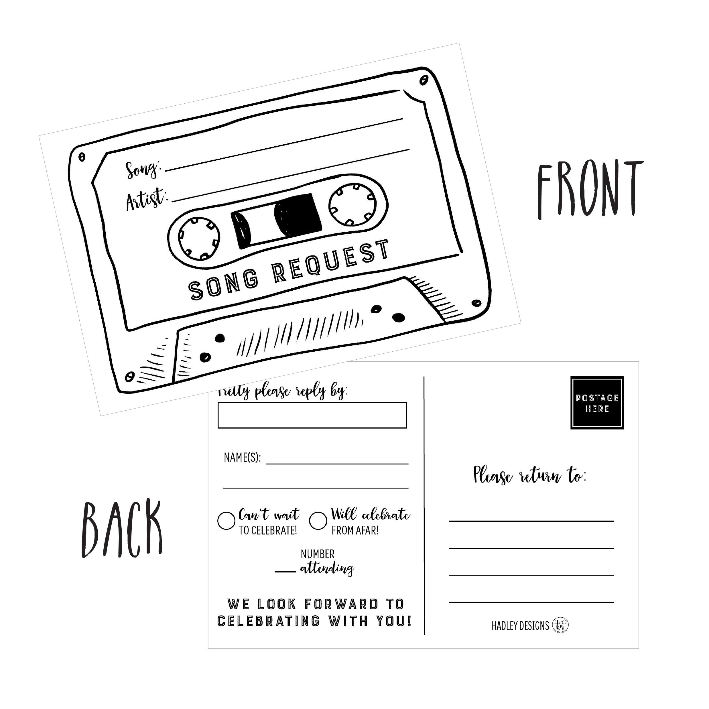 50 Song Request Cassette Tape Generic RSVP Cards, RSVP Postcards No Envelopes Needed, Response Card, RSVP Reply, Plain RSVP kit for Wedding, Baby Bridal Shower, Birthday, Invitations