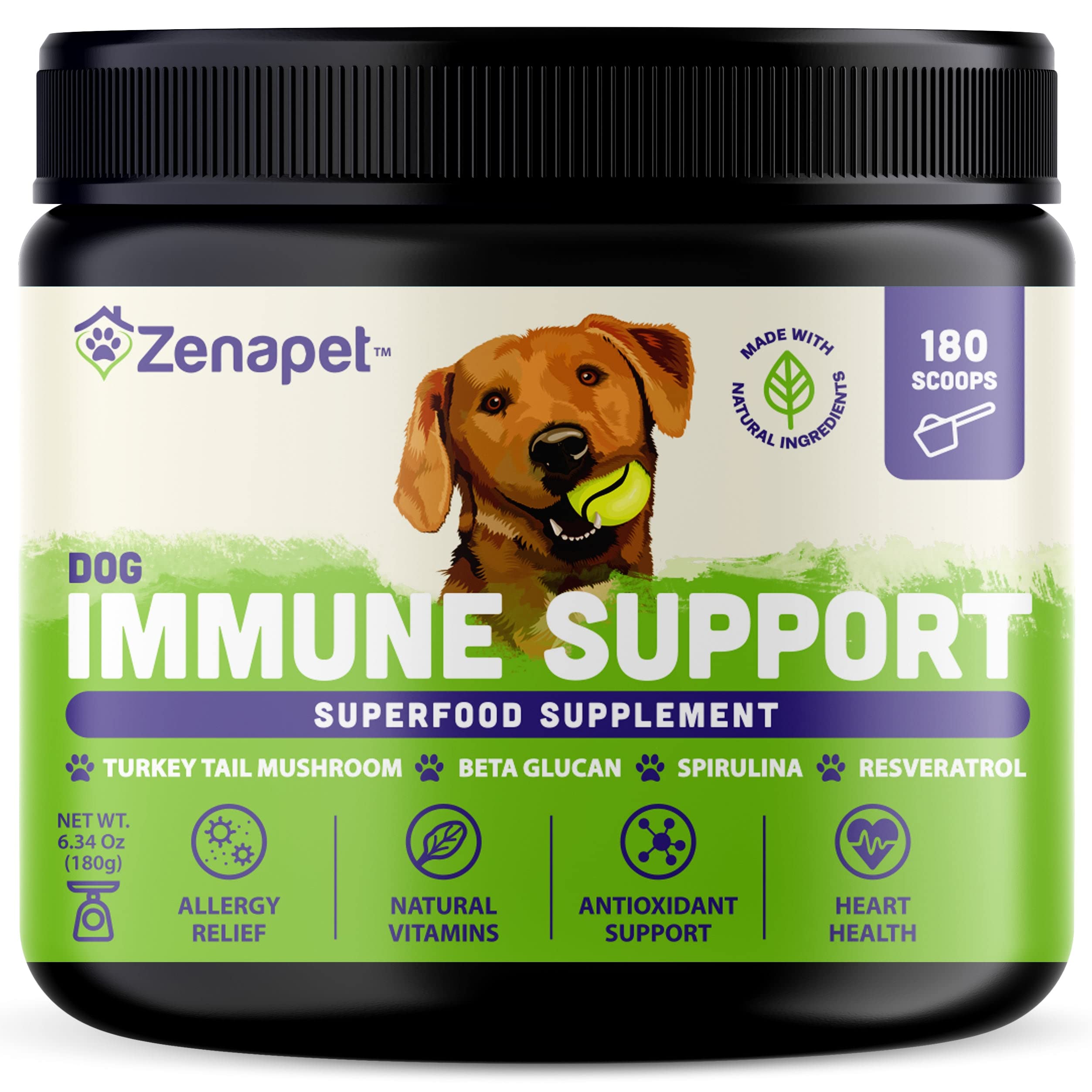 ZENAPET Allergy Immune Support Supplement for Dogs, Superfood 100% Human-Grade with Turkey Tail Mushroom, Prebiotics for Gut Health, Itchy Skin, Seasonal Allergies & Yeast - for Small to Large Breeds