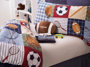 team sport mytex home fashions 4-piece comforter set sports bedding, collegiate,teen, boys, double brushed fabric, football shaped decorative pillow included, extra soft, fullsize, blue/green/tan