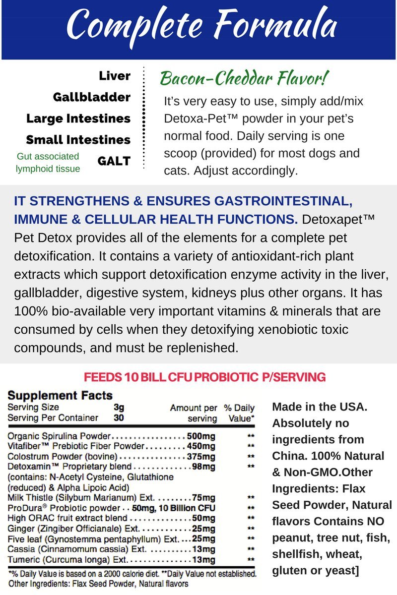 DETOXA-PET Powder, Powerful Nutritional Supplement for Pets, Works Wonders! Dog & Cat Detox, Liver Detox for Dogs, Cats,10 Bill CFU Probiotics, Enzymes, Herbs, Vitamins, Minerals, Immediate Benefits!