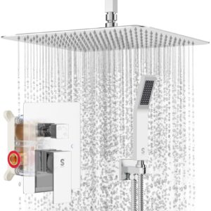 sr sun rise srsh-c1003 ceiling mount bathroom luxury rain mixer shower combo set rainfall shower head system 10 inch polished chrome (contain shower faucet rough-in valve body and trim）