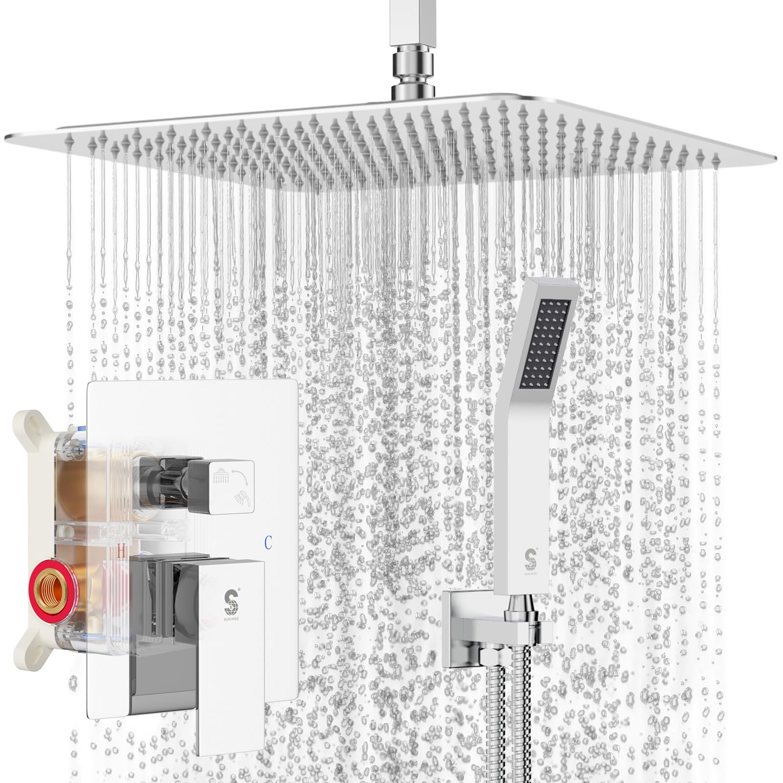 SR SUN RISE SRSH-C1003 Ceiling Mount Bathroom Luxury Rain Mixer Shower Combo Set Rainfall Shower Head System 10 Inch Polished Chrome (Contain Shower Faucet Rough-In Valve Body and Trim）