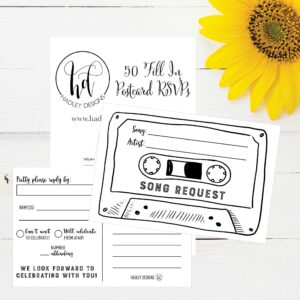 50 Song Request Cassette Tape Generic RSVP Cards, RSVP Postcards No Envelopes Needed, Response Card, RSVP Reply, Plain RSVP kit for Wedding, Baby Bridal Shower, Birthday, Invitations