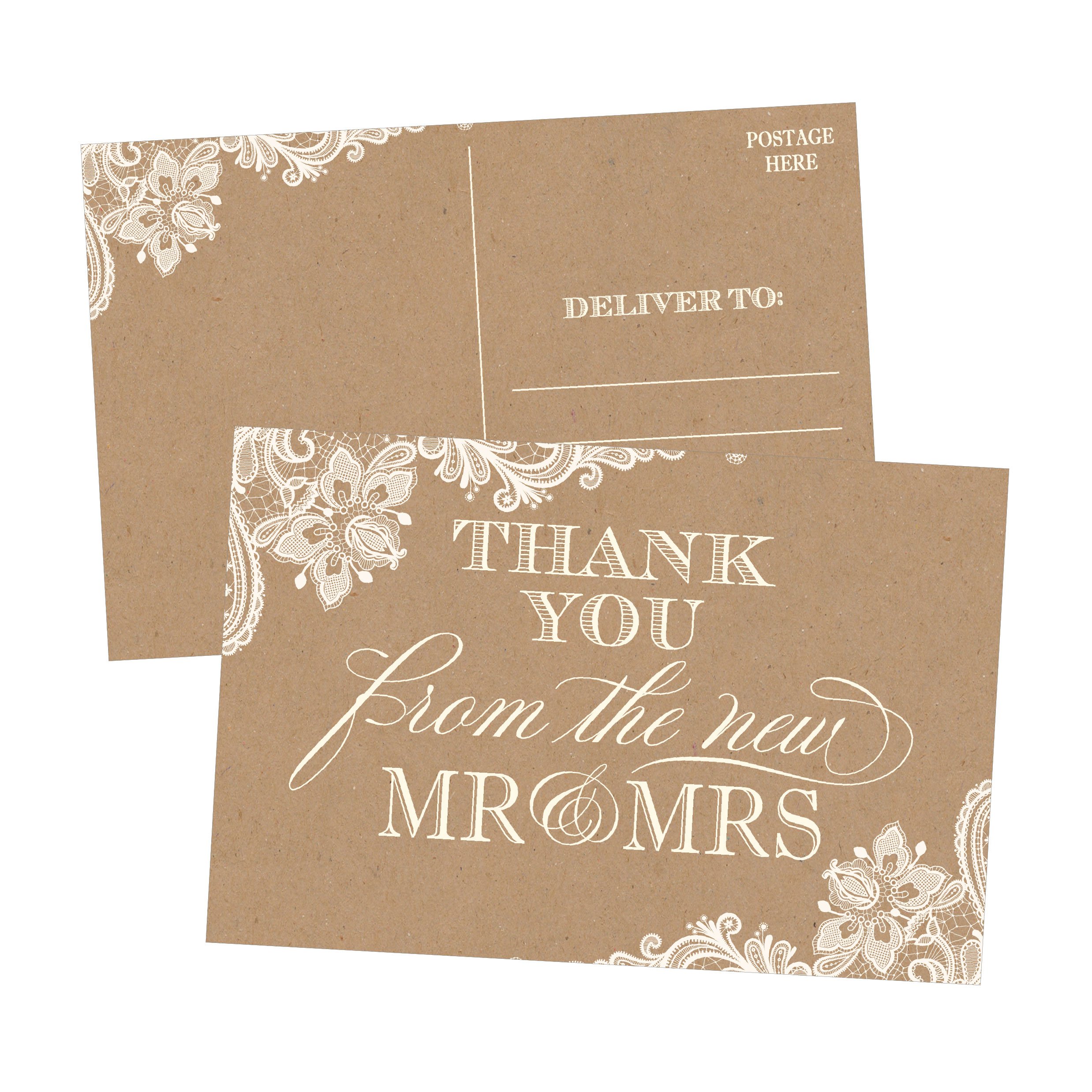 50 4x6 Rustic Kraft Thank You Postcards Bulk, Cute Blank Thank You Cards From The New Mr. and Mrs. Thank You Note Card Stationery Set For Wedding Gifts, Bridesmaid, Bridal Shower, Engagement Party