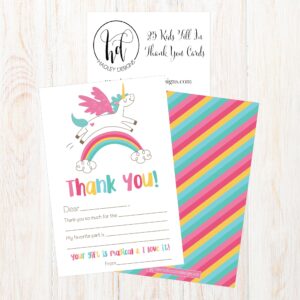 Hadley Designs 25 Unicorn Kids Thank You Cards, Fill In Thank You Notes For Kid, Blank Personalized Thank Yous For Birthday Gifts, Stationery For Children Boys and Girls