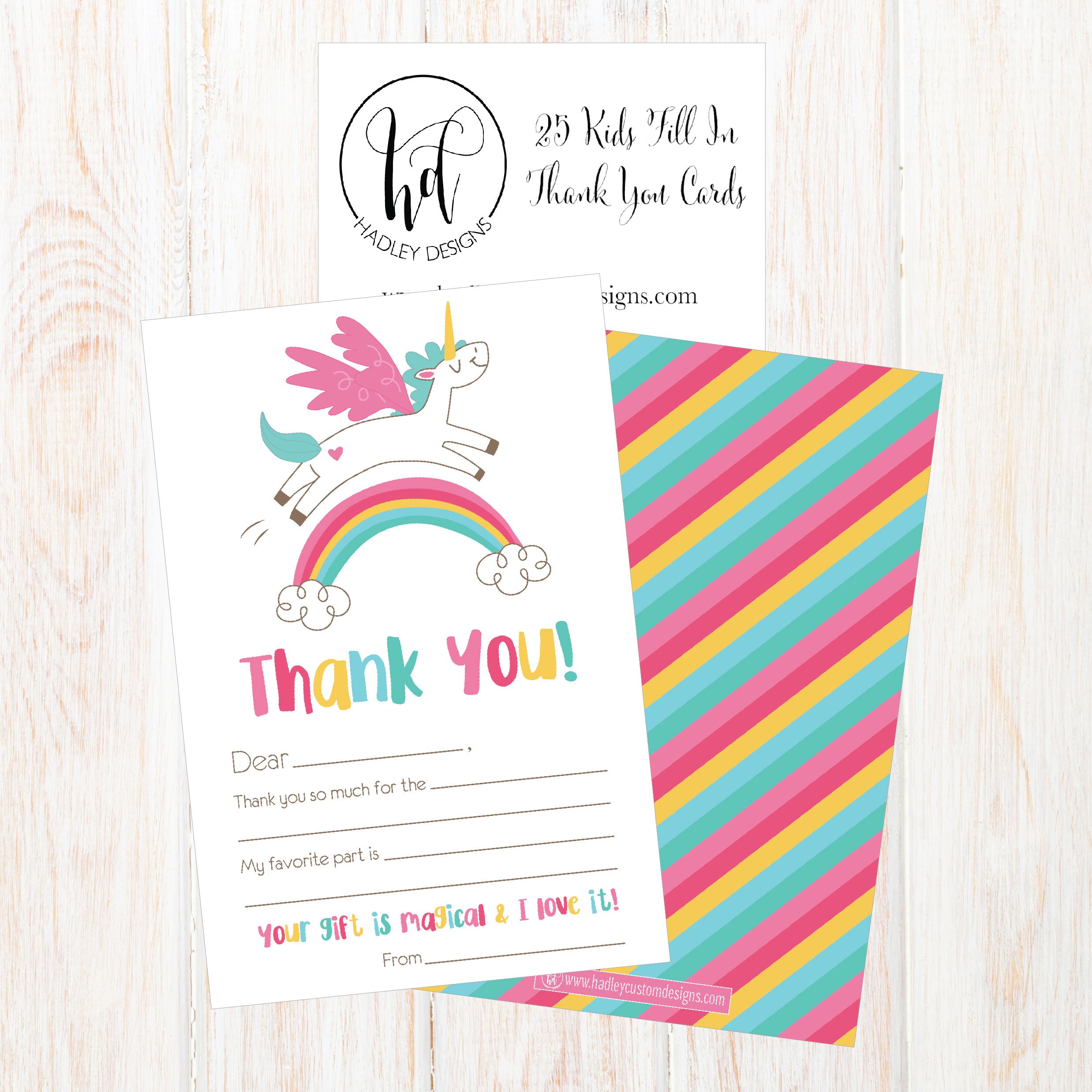 Hadley Designs 25 Unicorn Kids Thank You Cards, Fill In Thank You Notes For Kid, Blank Personalized Thank Yous For Birthday Gifts, Stationery For Children Boys and Girls