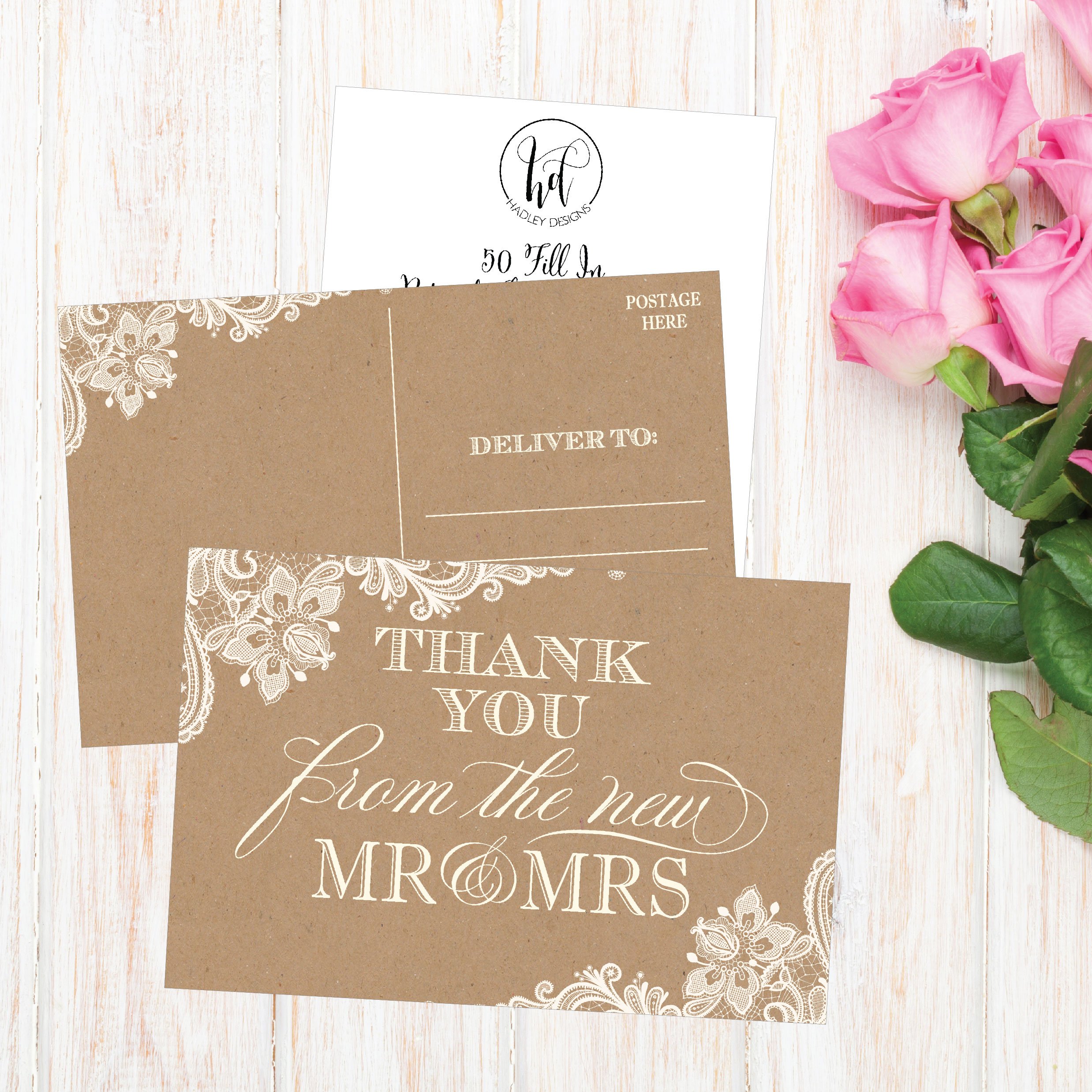 50 4x6 Rustic Kraft Thank You Postcards Bulk, Cute Blank Thank You Cards From The New Mr. and Mrs. Thank You Note Card Stationery Set For Wedding Gifts, Bridesmaid, Bridal Shower, Engagement Party