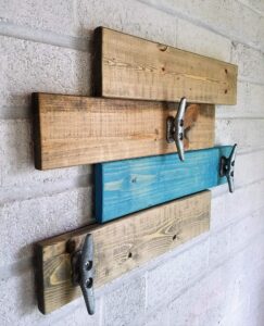 boat house coat rack wall mount, entryway wooden wall hooks, towel hooks, beach house decor - 20 colors - 13 accent colors - weathered oak & vintage aqua teal - 3 boat cleats