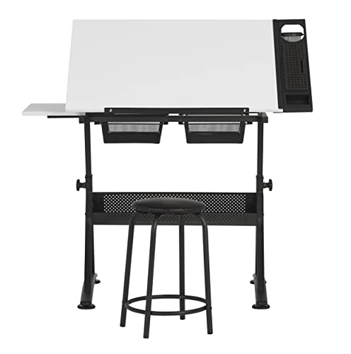 Fusion Drafting Table with Stool, Height Adjustable Desk with Tilt Top, Charcoal / White