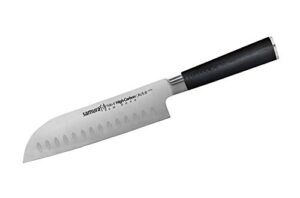 samura mo-v professional japanese kitchen santoku knife 7", hardened to 58-61° hrc, molybdenum-vanadium steel aus-8 blade, ergonomic and moisture resistant g-10 fibreglass handle