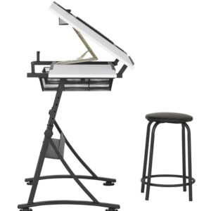 Fusion Drafting Table with Stool, Height Adjustable Desk with Tilt Top, Charcoal / White