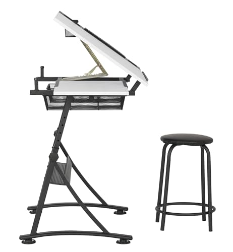 Fusion Drafting Table with Stool, Height Adjustable Desk with Tilt Top, Charcoal / White