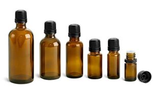 100 ml glass bottles, amber glass euro dropper bottles w/black tamper evident caps and orifice reducers (24 bottles)