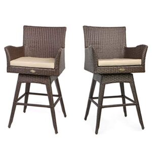 Barton 2 Pieces Swivel Bar Stool w/Foot Rest Weather Resistant Fabric Cushion Outdoor Patio Furniture Wicker Rattan