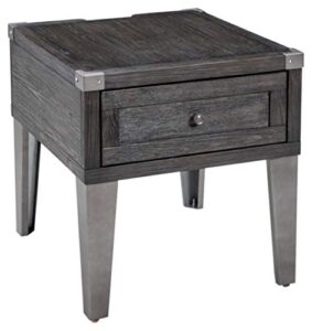 signature design by ashley todoe industrial square end table with 1 drawer, 2 outlets and 2 usb charging ports, dark gray with weathered pine finish