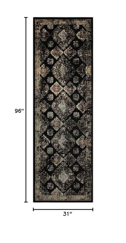 Superior Mayfair Collection Area Rug, 8mm Pile Height with Jute Backing, Vintage Distressed Medallion Pattern, Fashionable and Affordable Woven Rugs - 2'7" x 8' Runner, Black