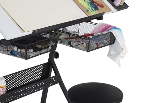 Fusion Drafting Table with Stool, Height Adjustable Desk with Tilt Top, Charcoal / White