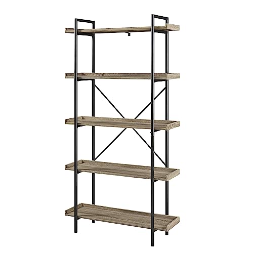 Walker Edison 5 Shelf Industrial Wood Metal Bookcase Tall Bookshelf Storage Home Office, 68 Inch, Driftwood