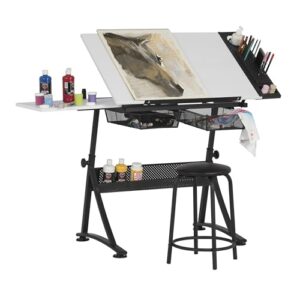 fusion drafting table with stool, height adjustable desk with tilt top, charcoal / white