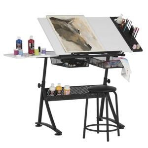 Fusion Drafting Table with Stool, Height Adjustable Desk with Tilt Top, Charcoal / White