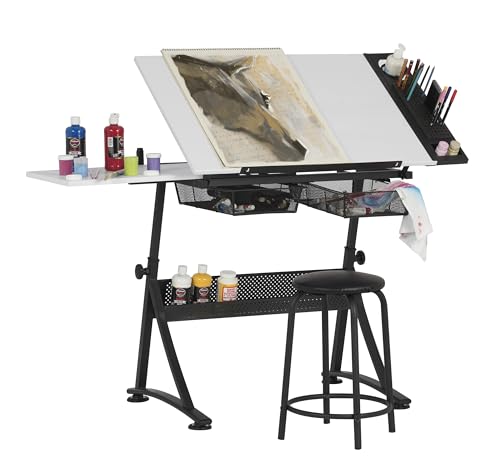 Fusion Drafting Table with Stool, Height Adjustable Desk with Tilt Top, Charcoal / White