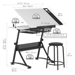 Fusion Drafting Table with Stool, Height Adjustable Desk with Tilt Top, Charcoal / White