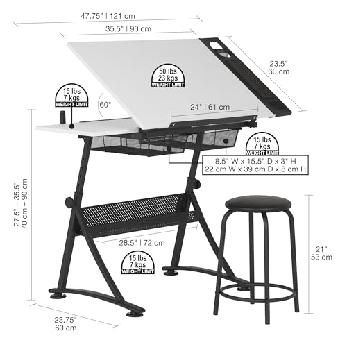 Fusion Drafting Table with Stool, Height Adjustable Desk with Tilt Top, Charcoal / White