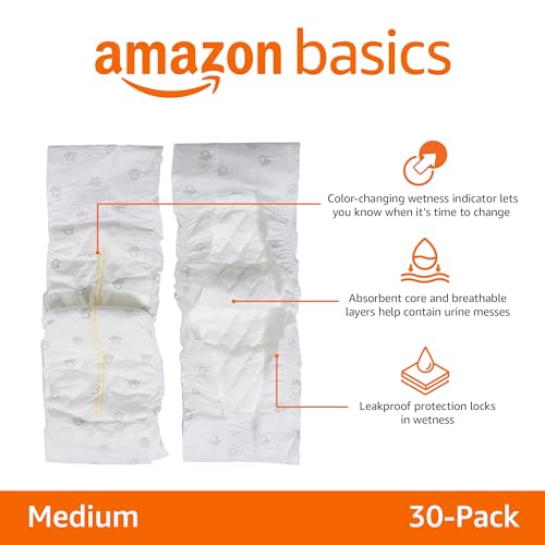 Amazon Basics Absorbent Male Dog Wrap, Leakproof, Disposable Diapers, Medium, Pack of 30, White