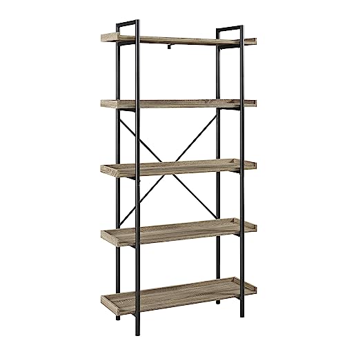 Walker Edison 5 Shelf Industrial Wood Metal Bookcase Tall Bookshelf Storage Home Office, 68 Inch, Driftwood