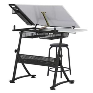 Fusion Drafting Table with Stool, Height Adjustable Desk with Tilt Top, Charcoal / White