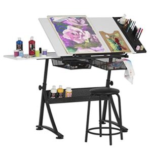 Fusion Drafting Table with Stool, Height Adjustable Desk with Tilt Top, Charcoal / White