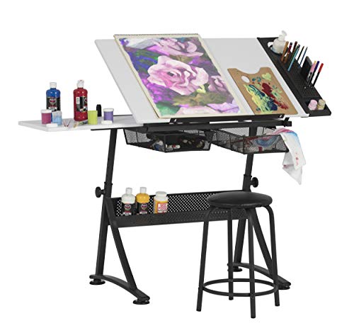 Fusion Drafting Table with Stool, Height Adjustable Desk with Tilt Top, Charcoal / White