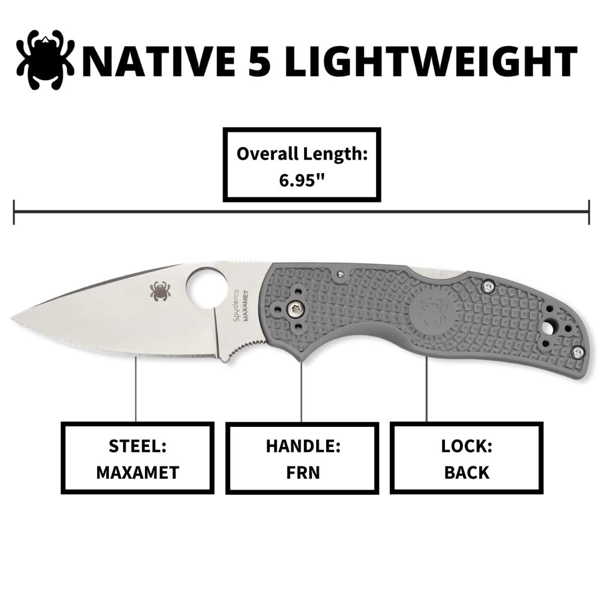 Spyderco Native 5 Signature Knife with 2.95" Maxamet Steel Blade and Gray FRN Handle - PlainEdge - C41PGY5