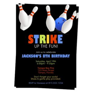 bowling birthday party invitations bowling alley invites strike nightime midnight strike ball pins bday printed customizable personalized (12 count)