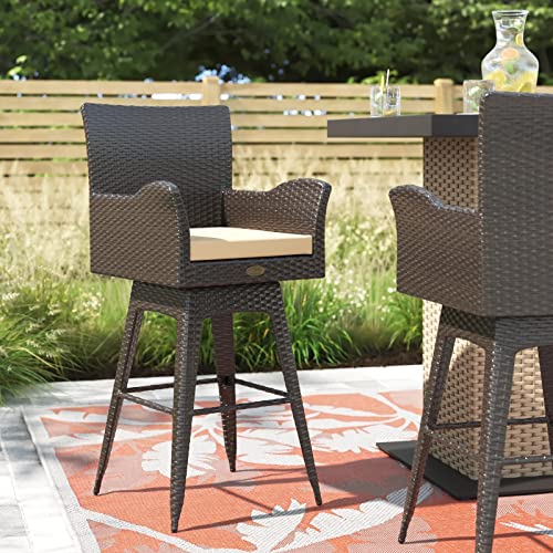 Barton 2 Pieces Swivel Bar Stool w/Foot Rest Weather Resistant Fabric Cushion Outdoor Patio Furniture Wicker Rattan