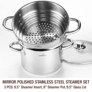 HOMICHEF 3 PCS Whole Food Steamer Set - Nickel Free Stainless Steel Veggie Steamer Pot (9.5" Large Vegetable Steamer Insert With Lid, 8" Steam Pot) - Induction Steamer Pots - Steam Pots Steam Baskets