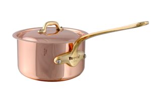 mauviel m'heritage 150 b 1.5mm polished copper & stainless steel sauce pan with lid, and brass handles, 0.9-qt, made in france