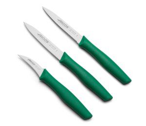 arcos 3 pieces paring knife set. 3 peeling knives of stainless steel and ergonomic polypropylene handle for cutting fruits, vegetables and tubers. series nova. color green