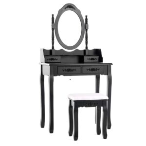 mecor vanity table,makeup dressing table with oval mirror,bedroom vanity set w/cushioned stool 4 drawers women girls kids black