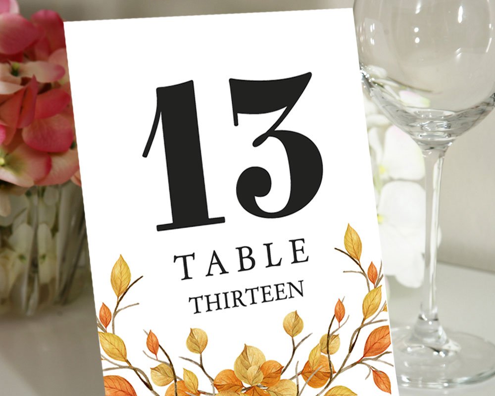 Darling Souvenir, Autumn Theme 1-12 Table Numbers Fall Wedding Reception Decor Table Cards (4x6 Inches)