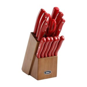 oster evansville 14 piece stainless steel cutlery block set, red handles