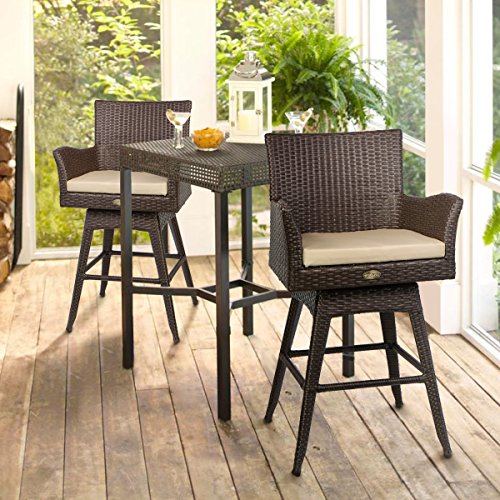 Barton 2 Pieces Swivel Bar Stool w/Foot Rest Weather Resistant Fabric Cushion Outdoor Patio Furniture Wicker Rattan