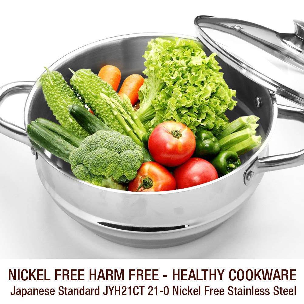 HOMICHEF 3 PCS Whole Food Steamer Set - Nickel Free Stainless Steel Veggie Steamer Pot (9.5" Large Vegetable Steamer Insert With Lid, 8" Steam Pot) - Induction Steamer Pots - Steam Pots Steam Baskets