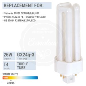 KOR Pack of 4 26 Watt Triple Tube - GX24Q-3 (4 Pin) Base - 2700K Warm White - CFL Light Bulb - Replaces Sylvania 20879 CF26DT/E/IN/827 - Philips 458240 PL-T 26W/827/4P/ALTO - GE 97614 F26TBX/827/A/ECO