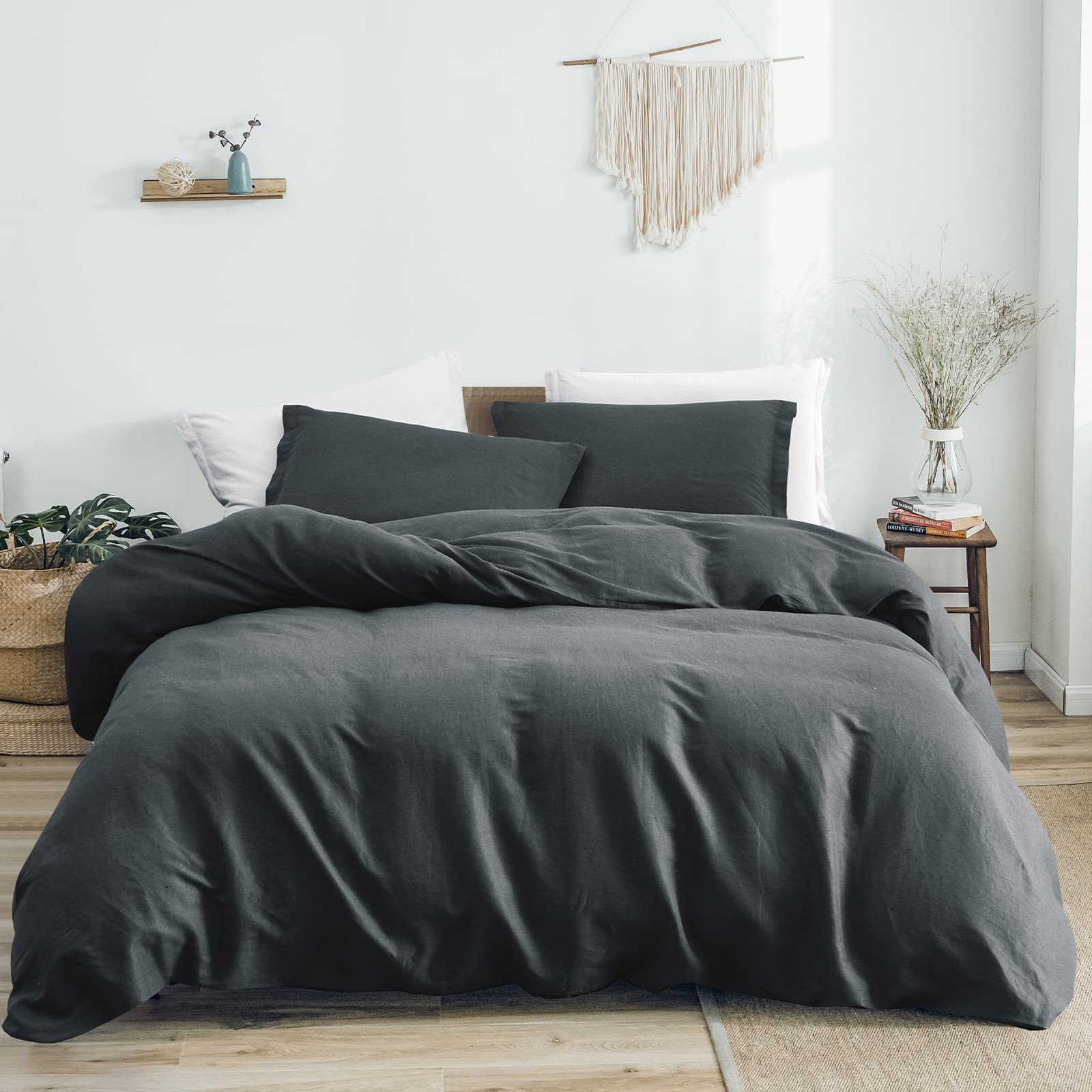 PHF Linen Duvet Cover Set King, Upgraded French Linen Blend Duvet Cover Set, Comfy Elegant Comforter Cover Set for Hot Sleepers, 1 Duvet Cover and 2 Pillowshams, 106"x 92", Dark Grey Blackish