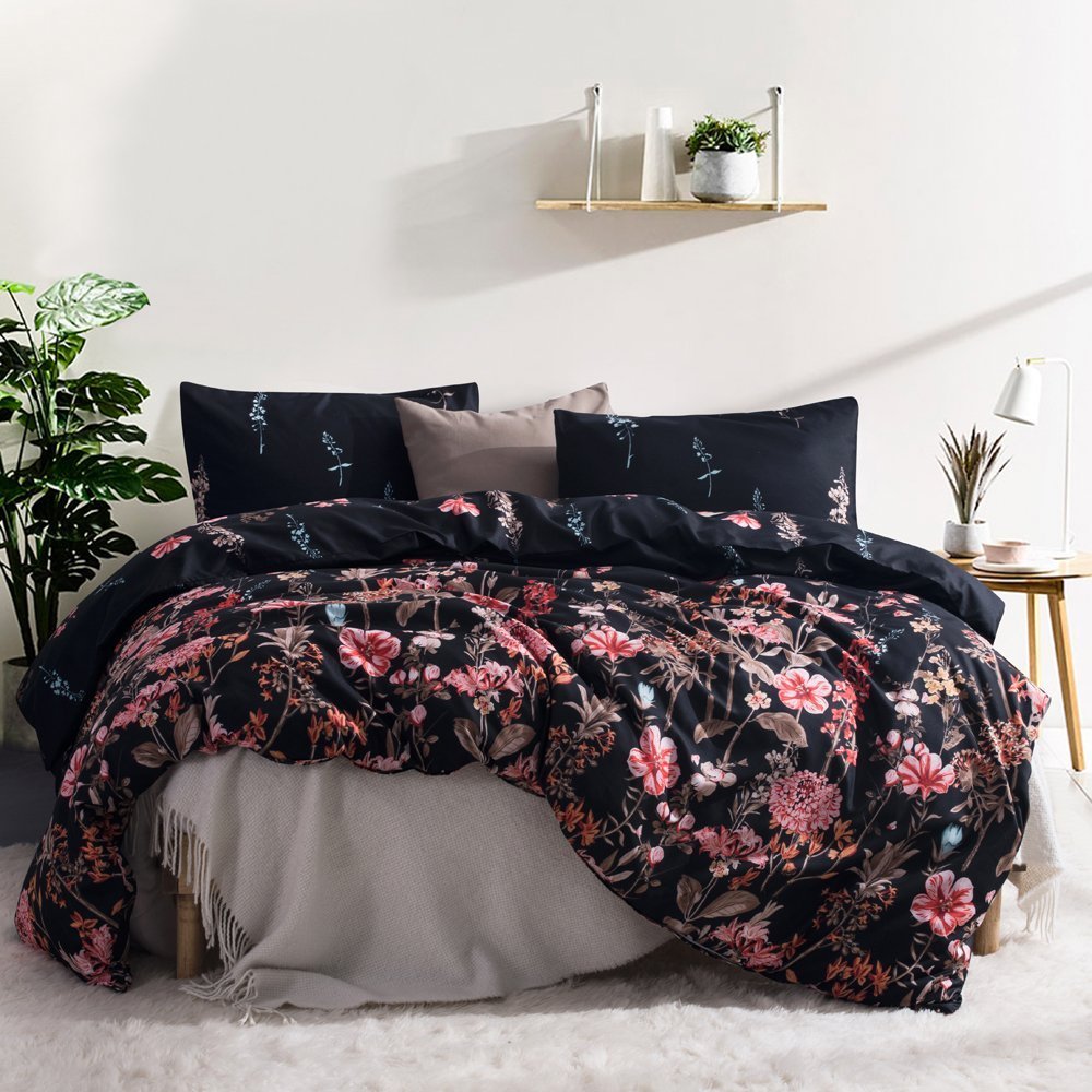 Leadtimes Floral Duvet Cover Queen Black Boho Bedding Flowers Cooling Soft Comforter Cover Set with 90X90 Duvet Cover and 2 Pillowcases (Queen, Style8)