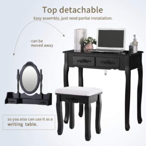 Mecor Vanity Table,Makeup Dressing Table with Oval Mirror,Bedroom Vanity Set w/Cushioned Stool 4 Drawers Women Girls Kids Black