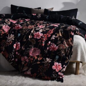 Leadtimes Floral Duvet Cover Queen Black Boho Bedding Flowers Cooling Soft Comforter Cover Set with 90X90 Duvet Cover and 2 Pillowcases (Queen, Style8)