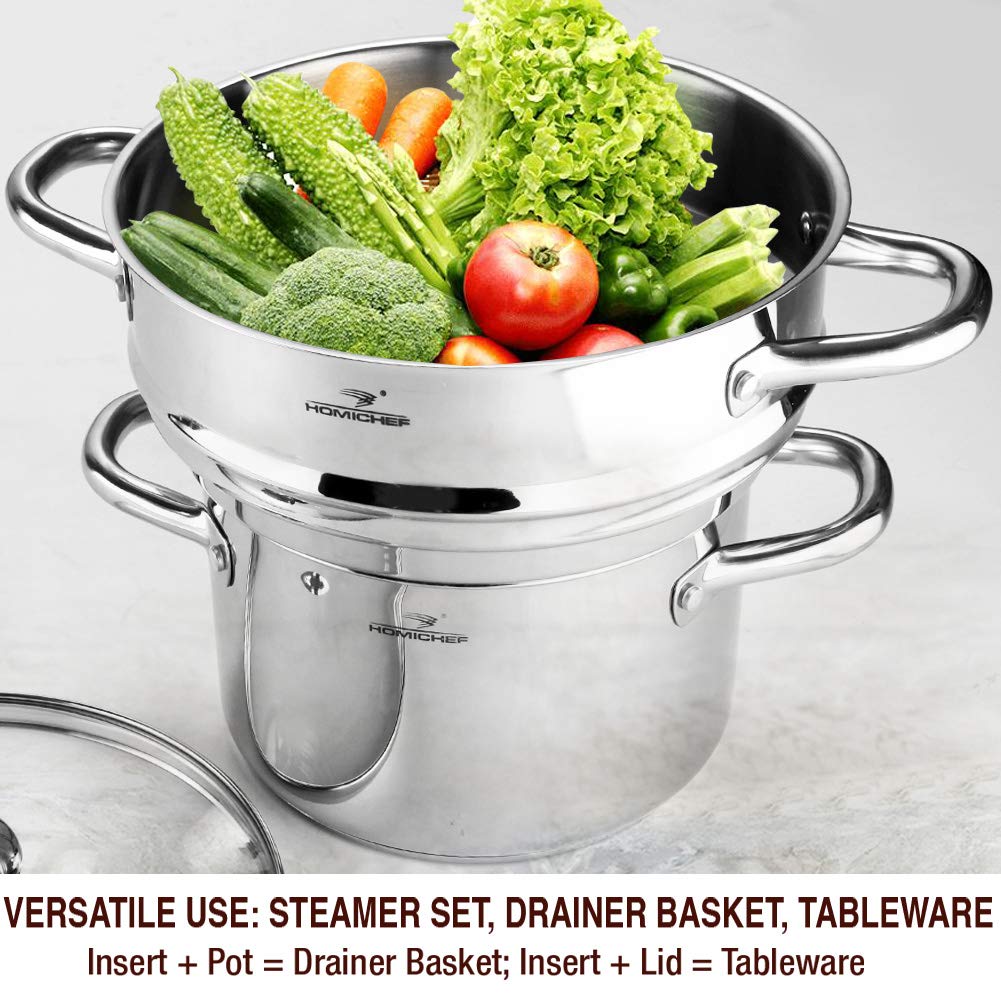 HOMICHEF 3 PCS Whole Food Steamer Set - Nickel Free Stainless Steel Veggie Steamer Pot (9.5" Large Vegetable Steamer Insert With Lid, 8" Steam Pot) - Induction Steamer Pots - Steam Pots Steam Baskets